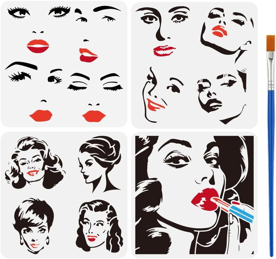 4 Pcs Female Stencils with a Paint Brush 4 Styles Woman Face Facial Expression Stencils 11.8x11 ...