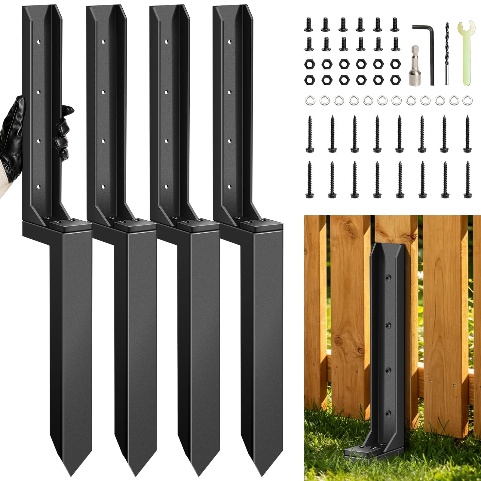 4 Pcs Fence Post Repair Kit, Heavy Duty Fence Post Anchor Ground Stakes ...