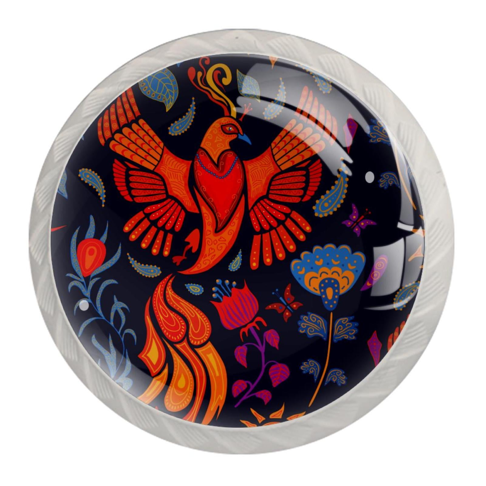 4 Pcs Firebird and Blue Flowers Knobs for Kitchen Cabinet Cupboard ...