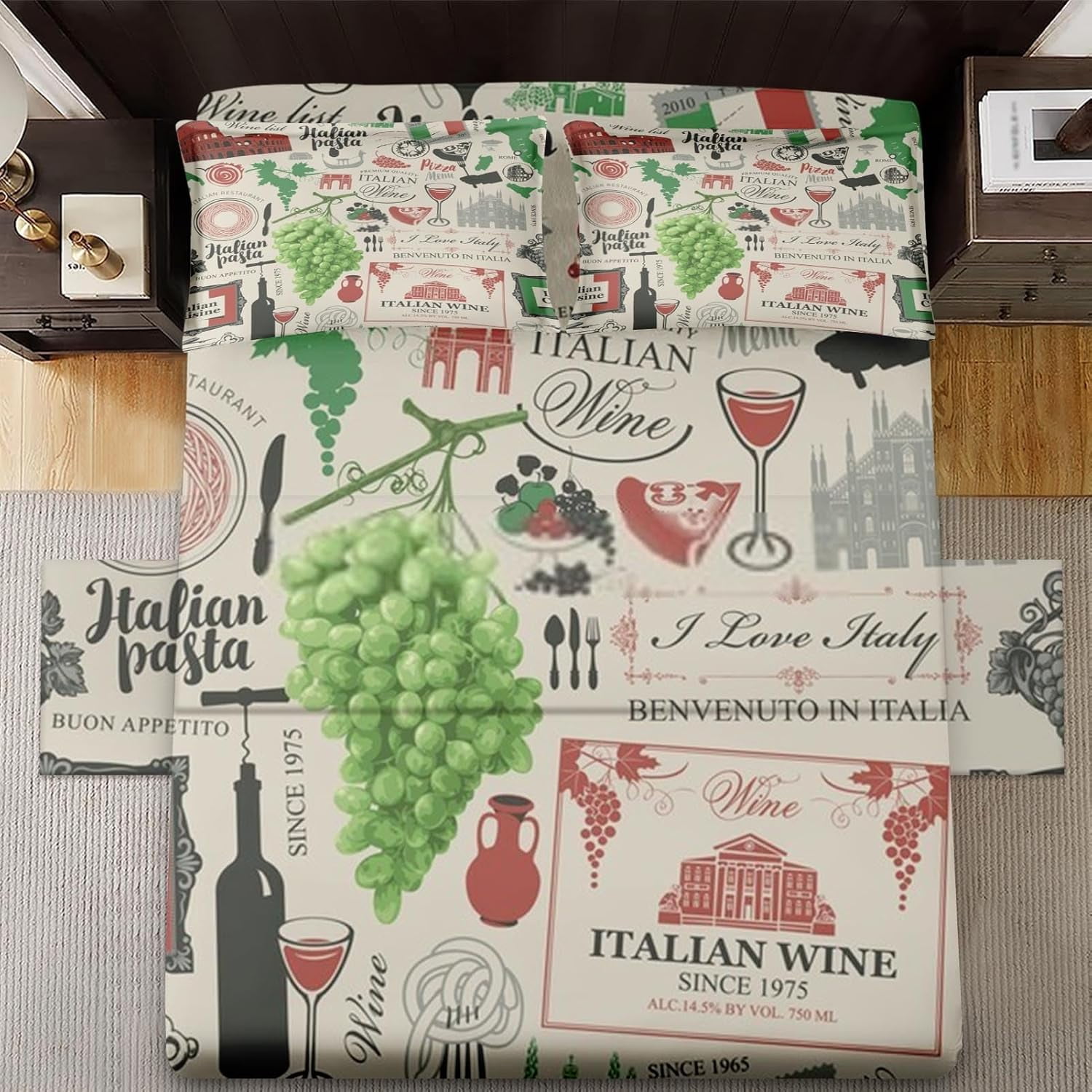 4 Pcs Fitted Sheet Set Size with 16" Deep Pocket, Italian Retro Wine ...