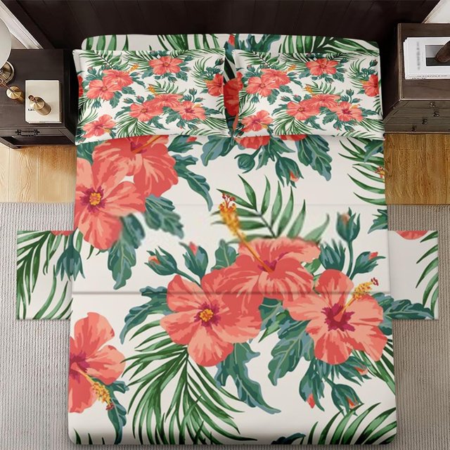 4 Pcs Fitted Sheet Set Size with Deep Pocket, Leopard Tropical Leaves ...