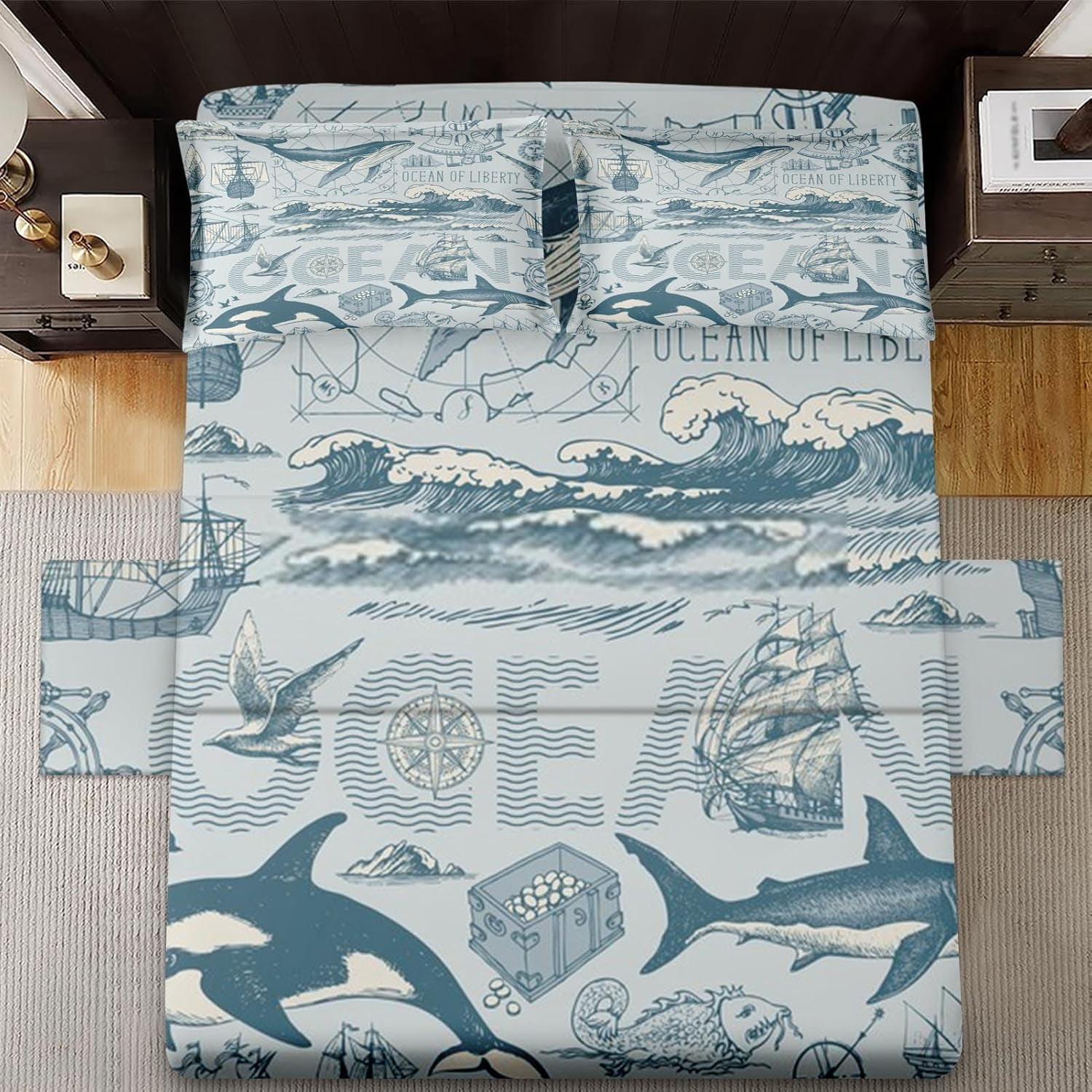 4 Pcs Fitted Sheet Set Size with Deep Pocket, Sea Retro Bedding Set ...