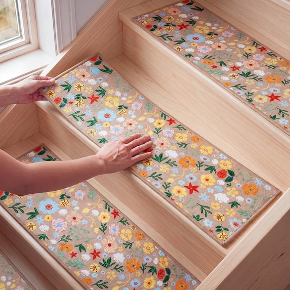 4 Pcs Floral Linen Stair Treads for Wooden Steps Indoor 9 x 28 Inch Non ...