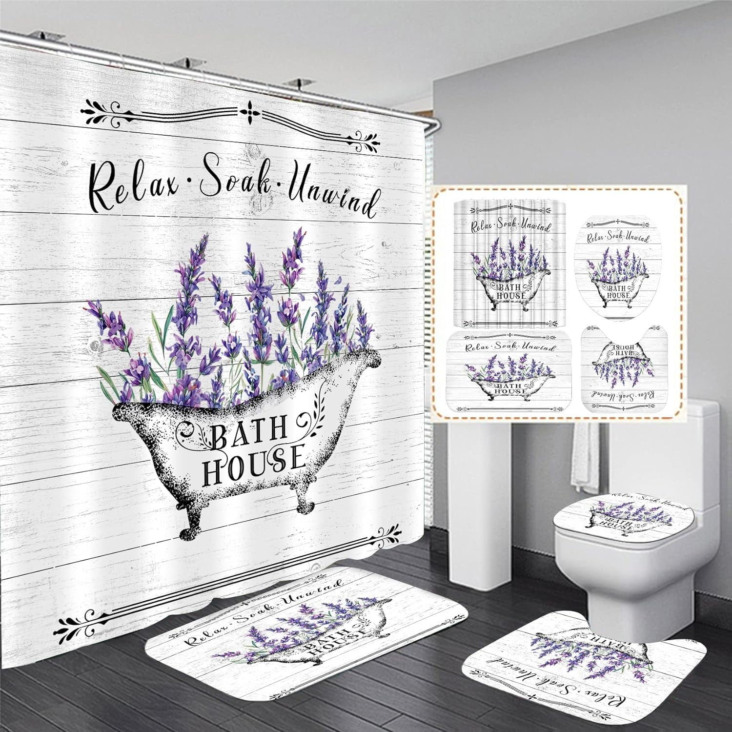 4 Pcs Floral Shower Curtain Flowers Leaves Bathroom Sets with Shower ...