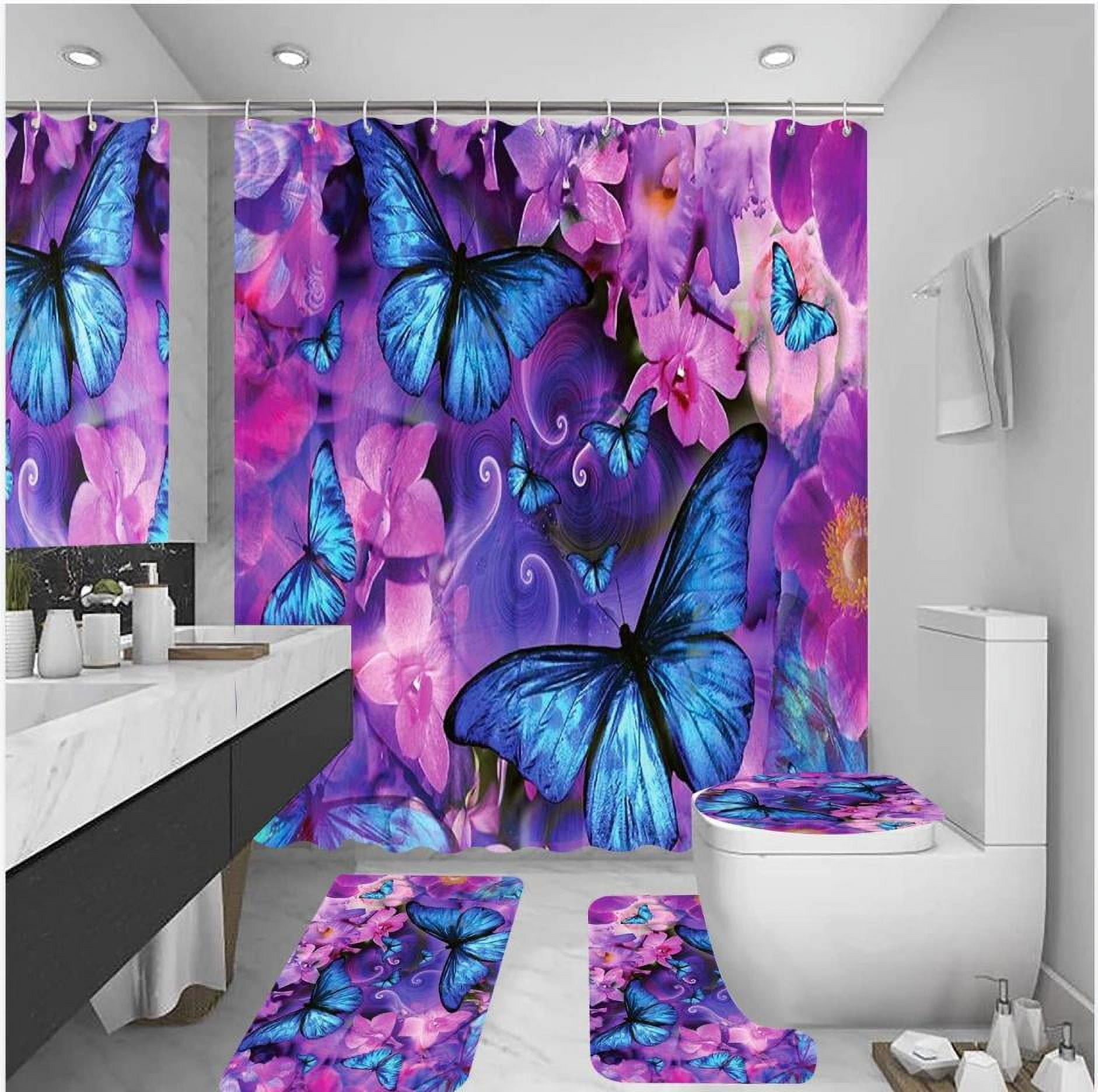 4 Pcs Flower Butterfly Shower Curtain Set With Non Slip Rug Toilet Lid