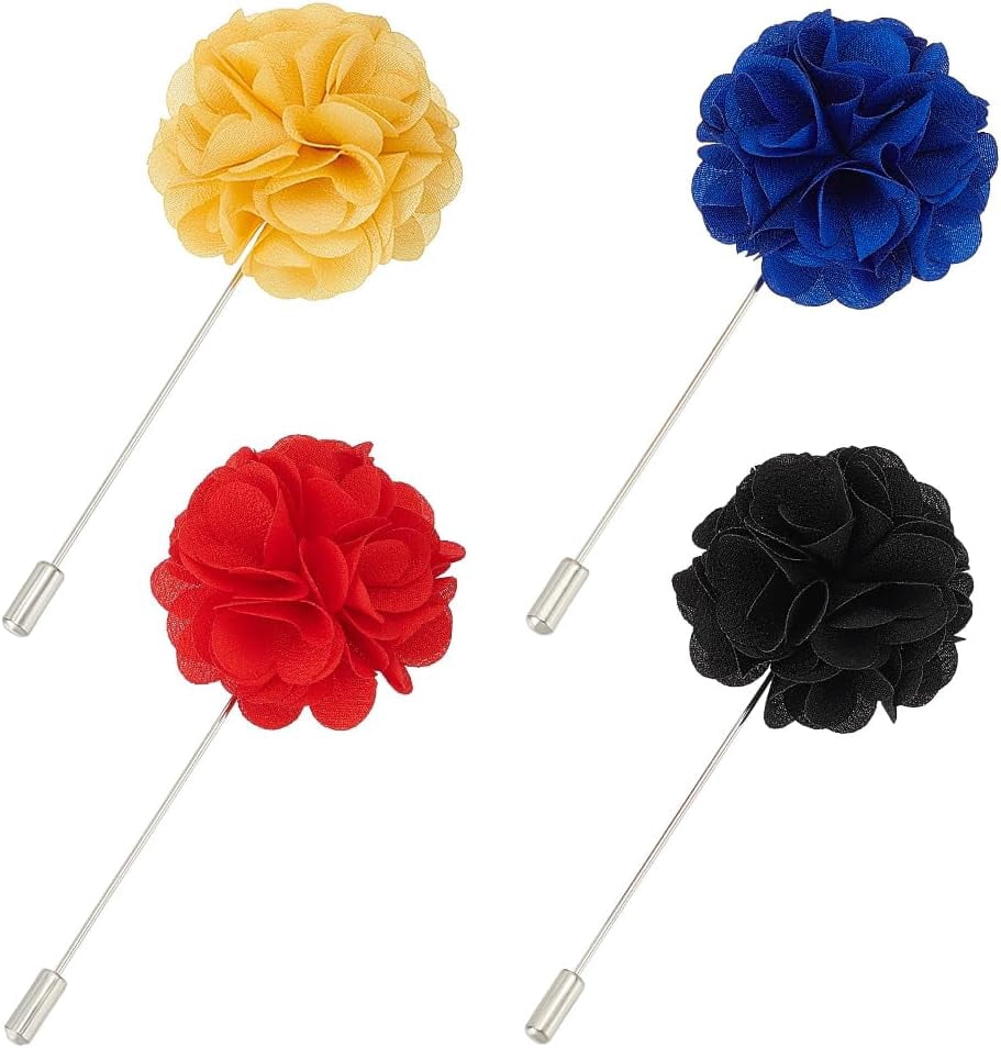 4 Pcs Flower Men's Lapel Pins Black Red Yellow Blue Handmade ...