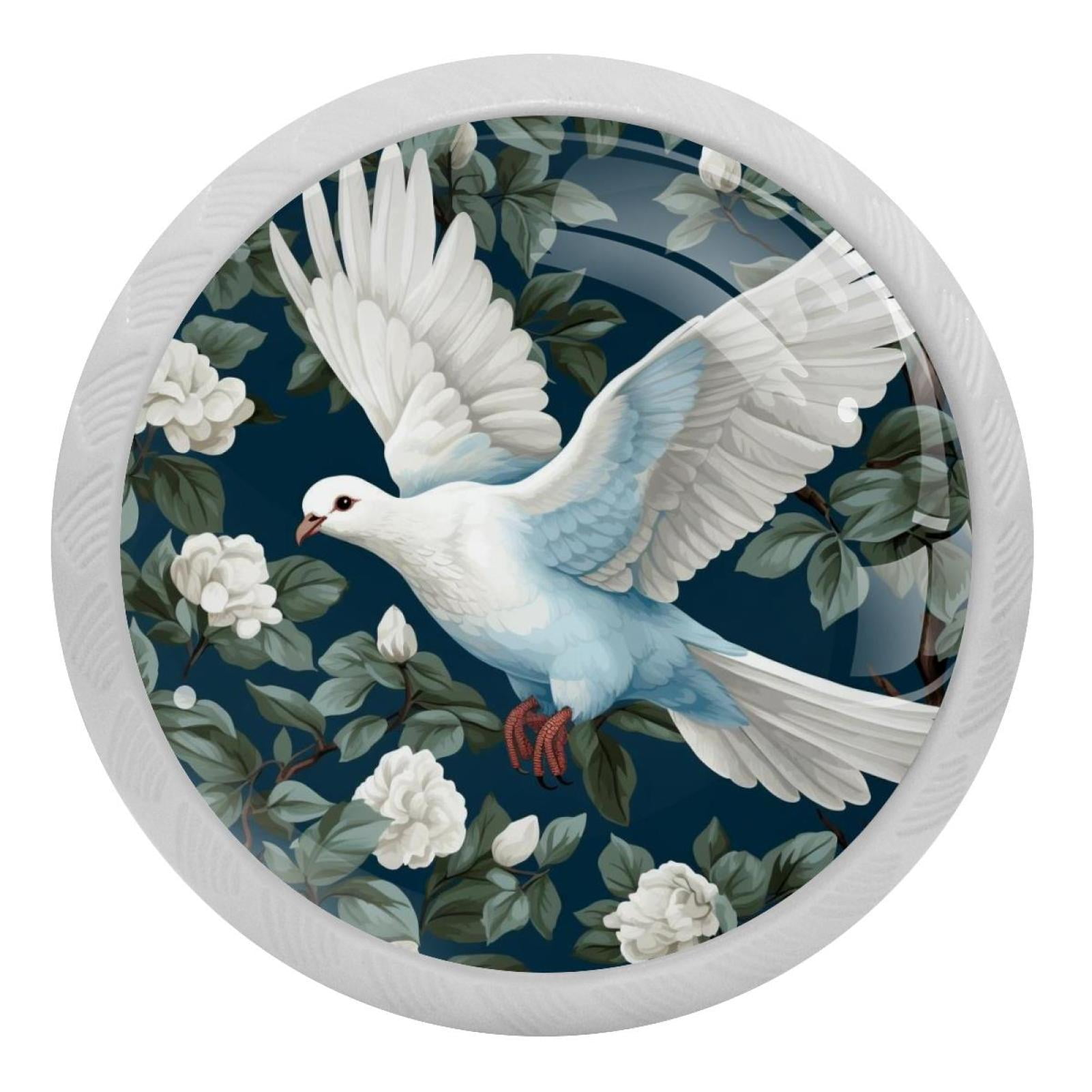 4 Pcs Flying White Pigeon and Flowers Crystal Glass Drawer Knob Pull ...