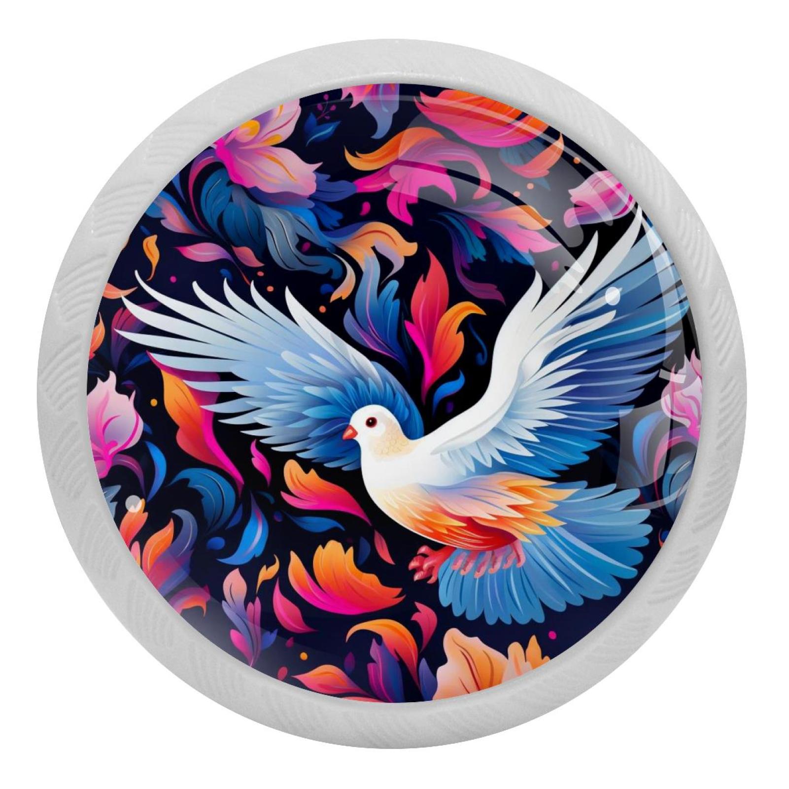 4 Pcs Flying White Pigeon and Flowers Crystal Glass Drawer Knob Pull ...