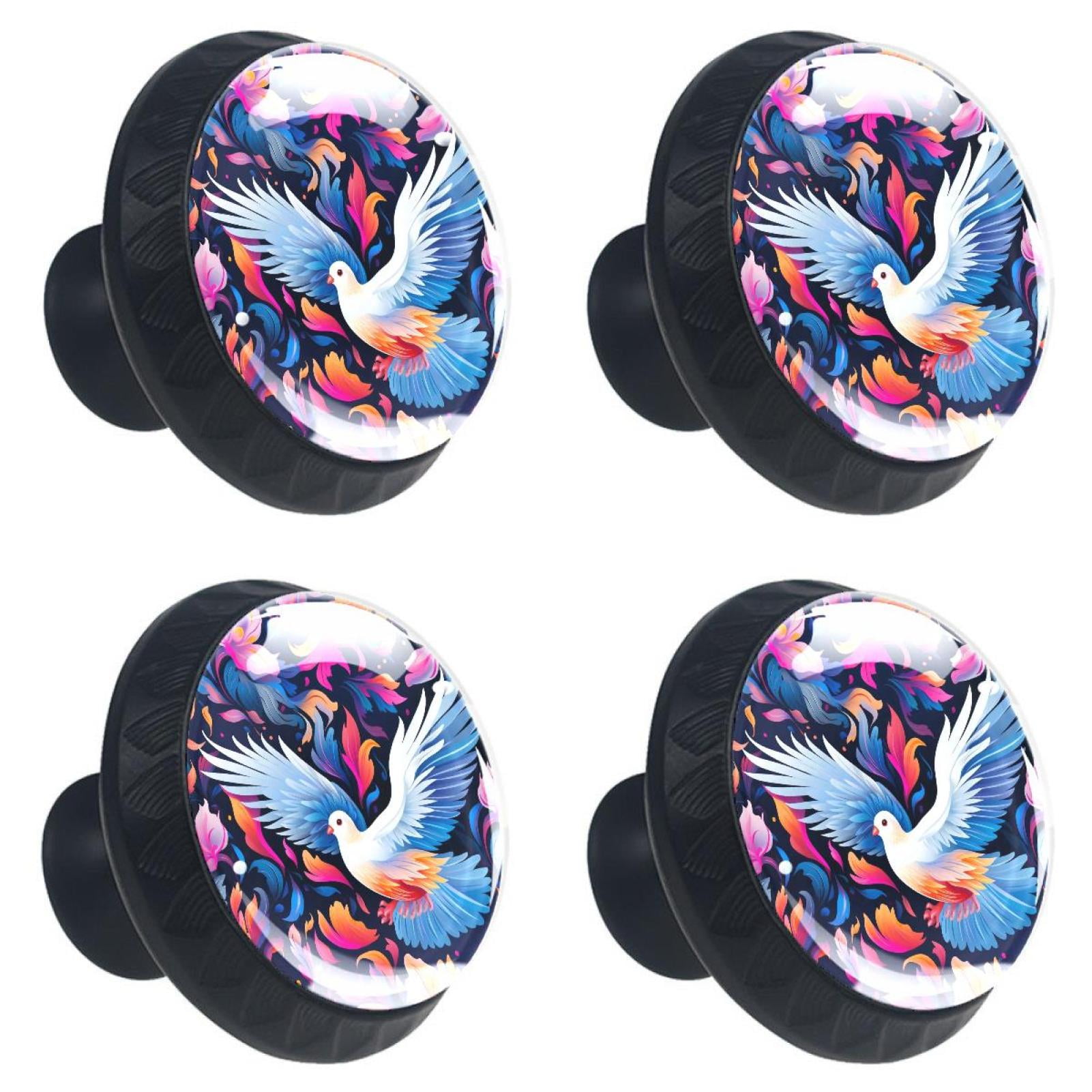 4 Pcs Flying White Pigeon and Flowers Print Cabinet Knobs 30mm Round ...