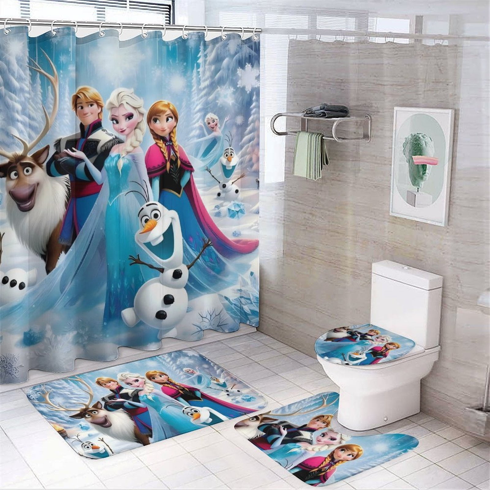 4 Pcs Frozen Bathroom Set with Shower Curtain with 12 Hooks, Non-Slip ...