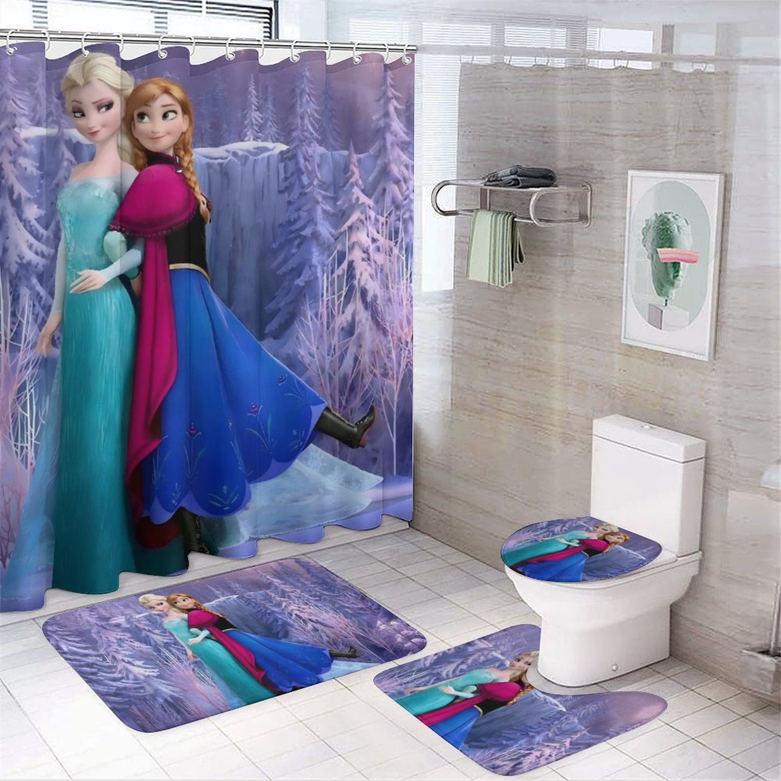 4 Pcs Frozen Bathroom Set with Shower Curtain with 12 Hooks, Non-Slip ...