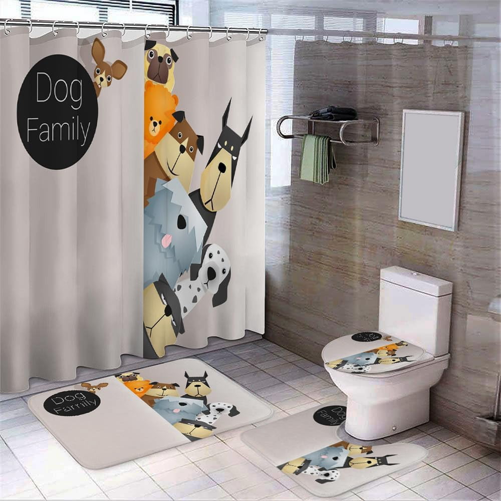 4 Pcs Funny Cartoon Dog Theme Shower Curtain Set Cute Dogs Bathroom Set ...