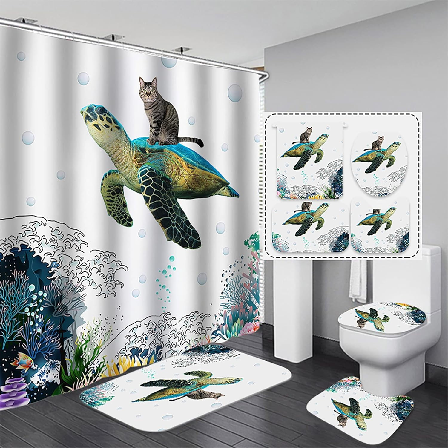4 Pcs Funny Cat Riding Turtle Shower Curtain Sets with Non-Slip Rug ...