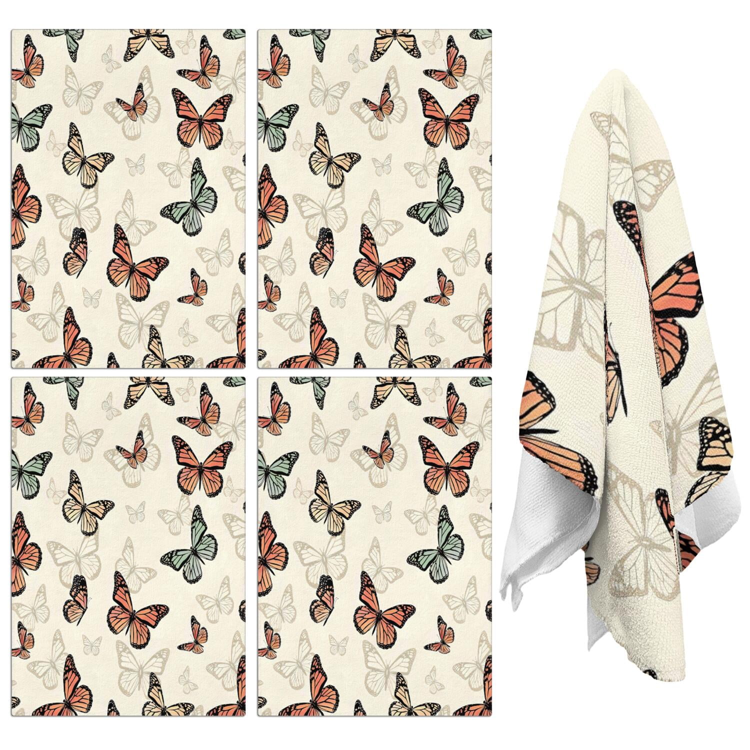 4 Pcs Funny Kitchen Towels,Beige Butterfly Pattern Microfiber Dish ...