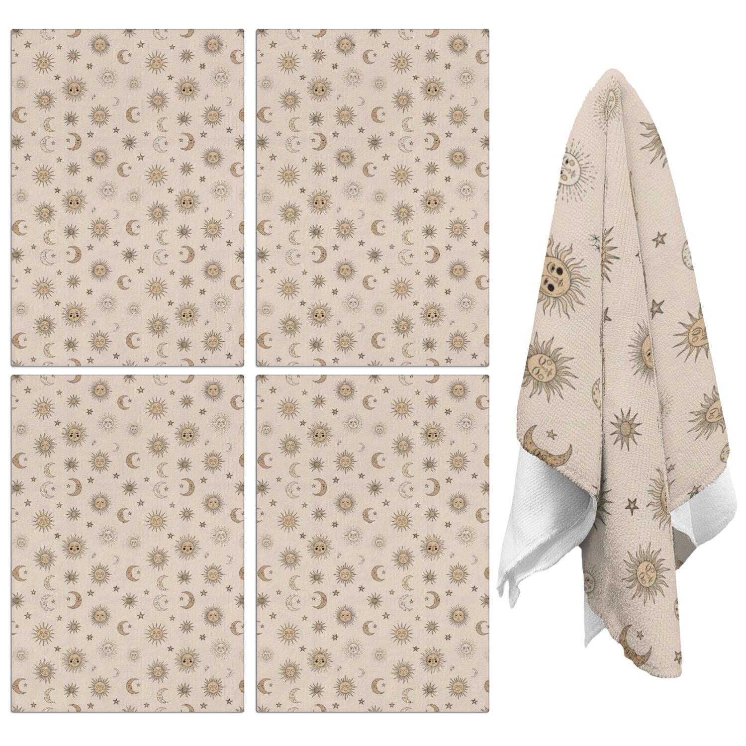 4 Pcs Funny Kitchen Towels,Beige Sun Moon Star Pattern Microfiber Dish ...