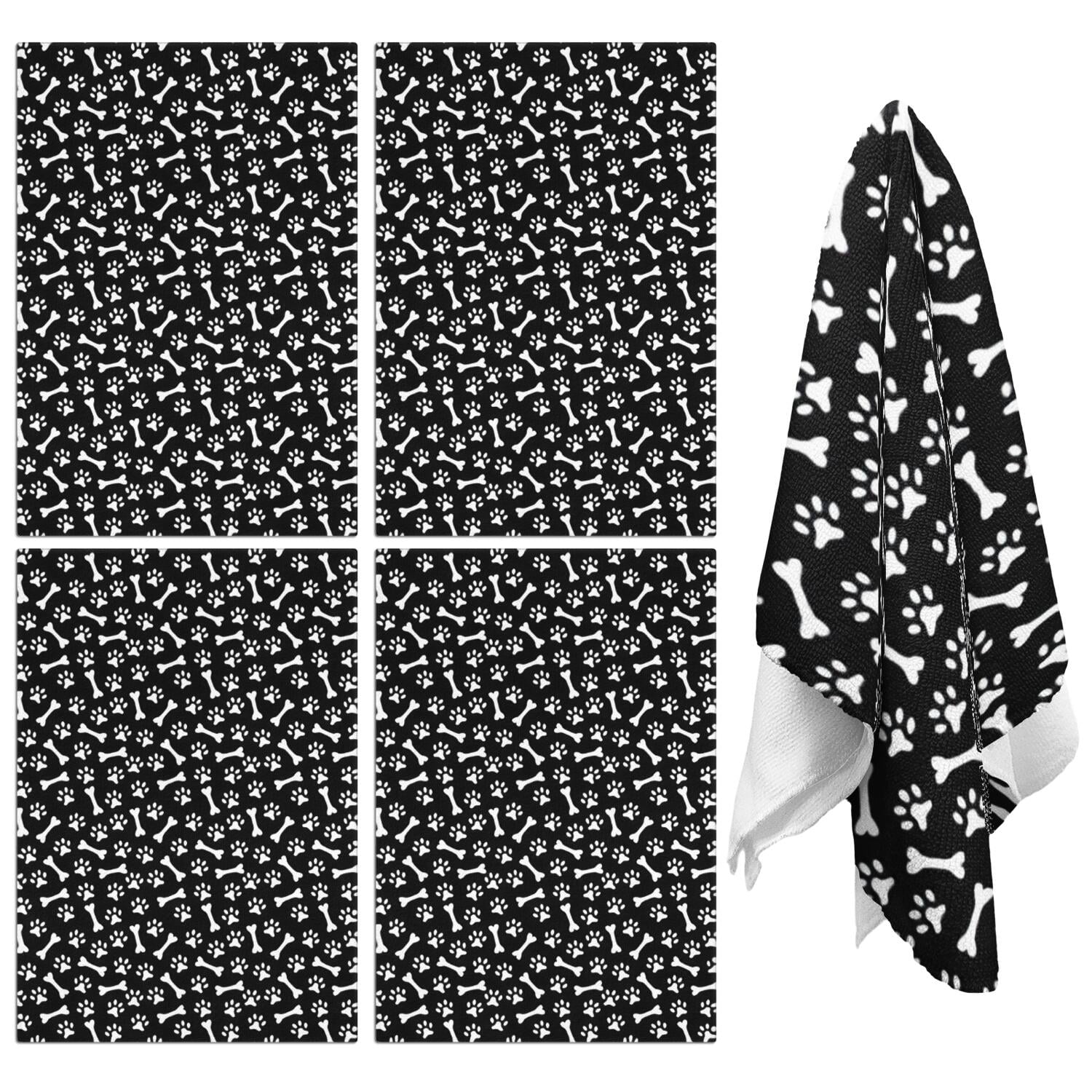 4 Pcs Funny Kitchen Towels,Black Dog Paw Footprint Bone Microfiber Dish ...