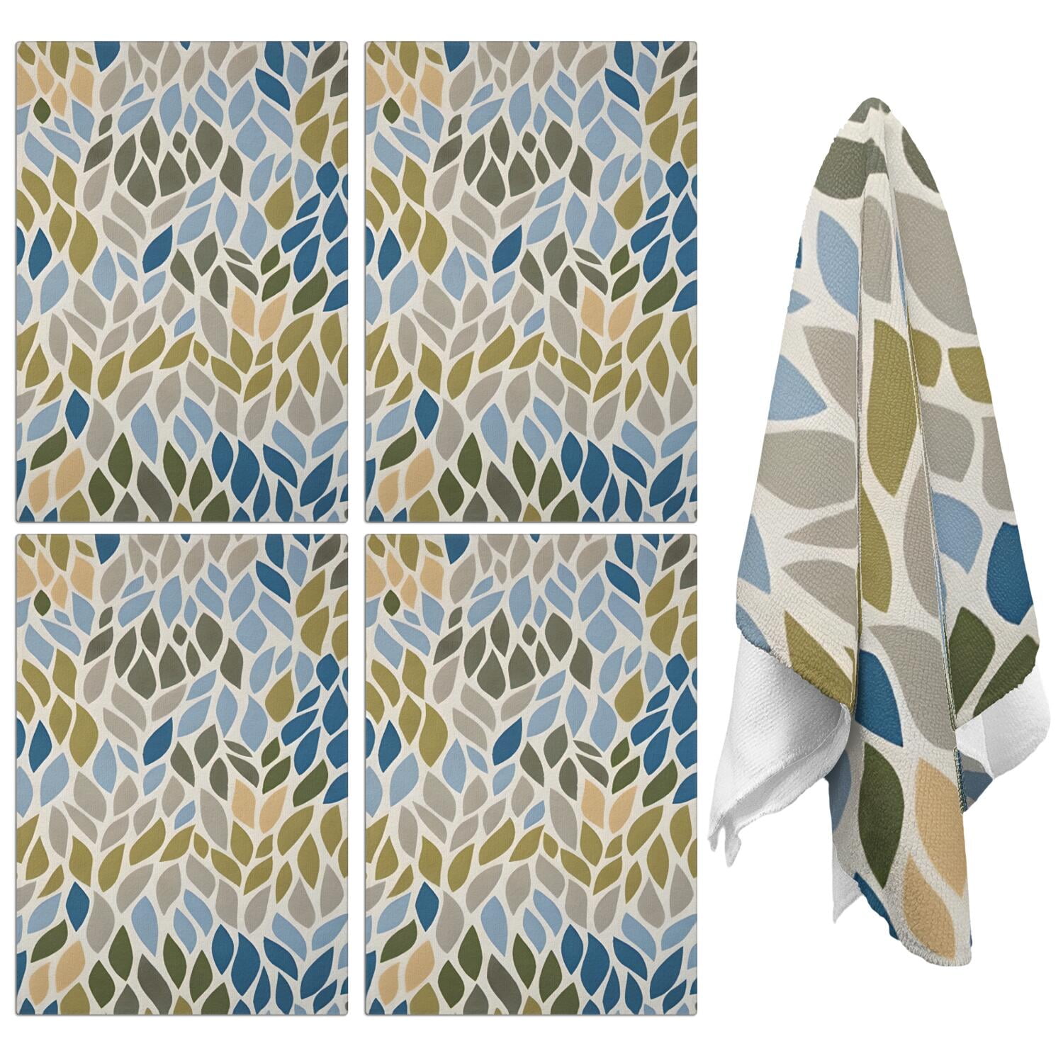 4 Pcs Funny Kitchen Towels,Blue Leaf and Vine Pattern Microfiber Dish ...