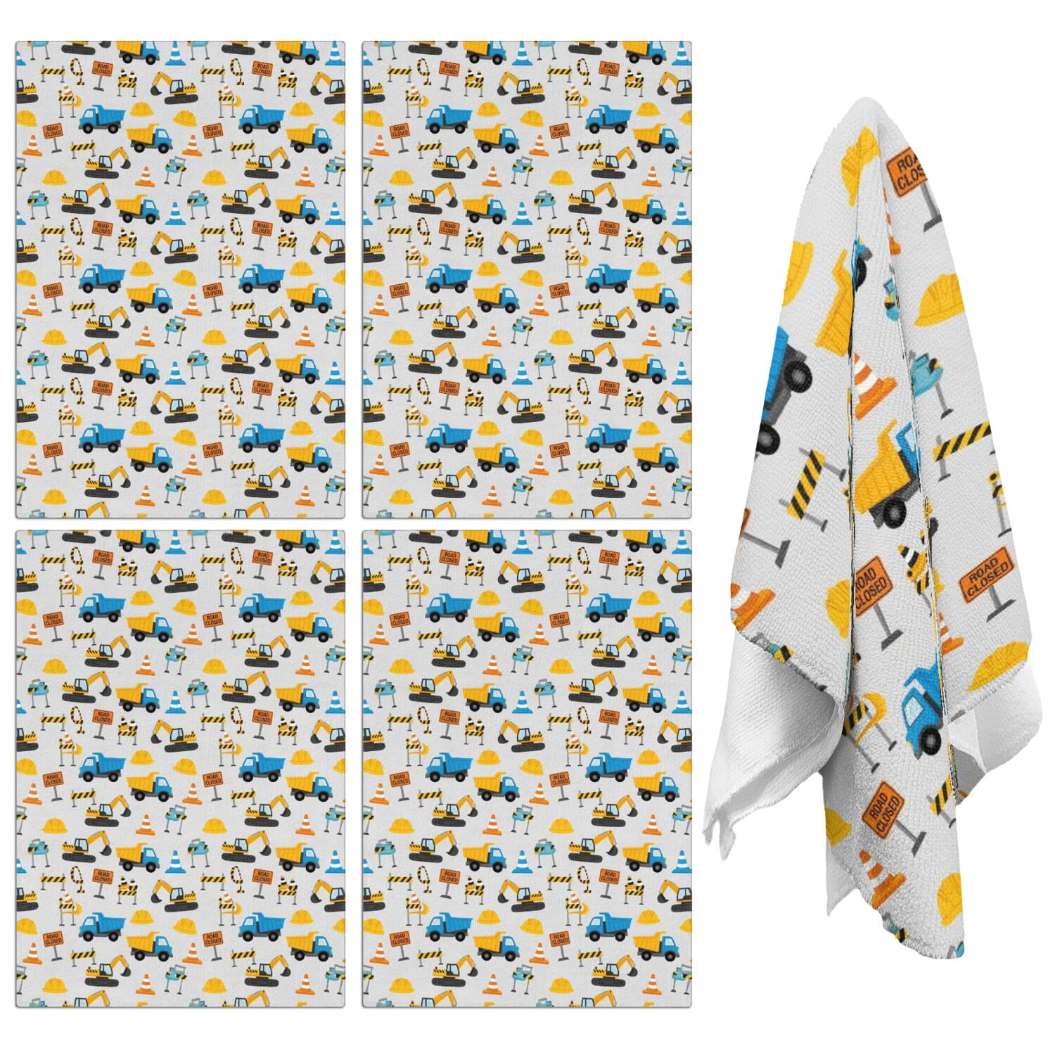 4 Pcs Funny Kitchen Towels,Cartoon Construction Vehicles Road Signs ...
