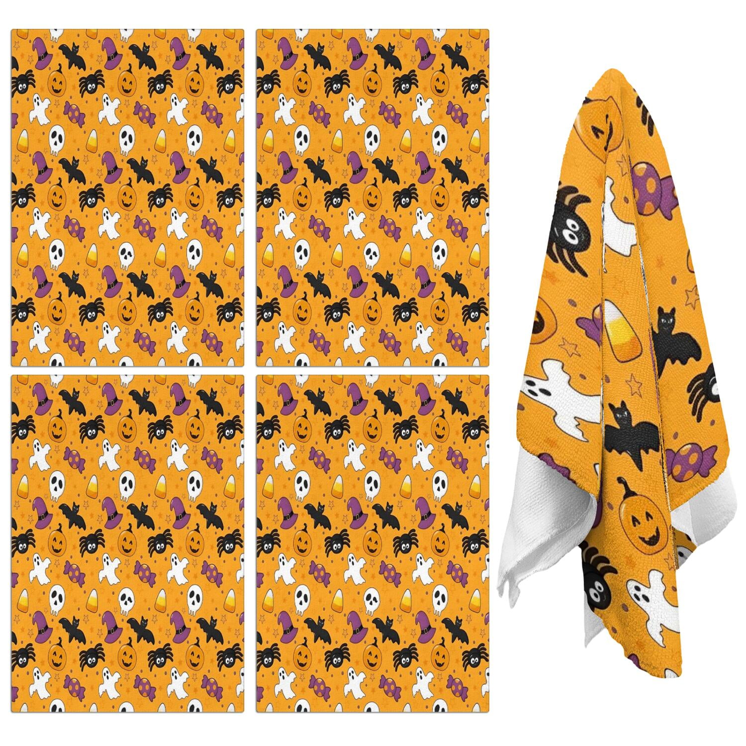 4 Pcs Funny Kitchen Towels,Halloween Icons Pattern Microfiber Dish ...