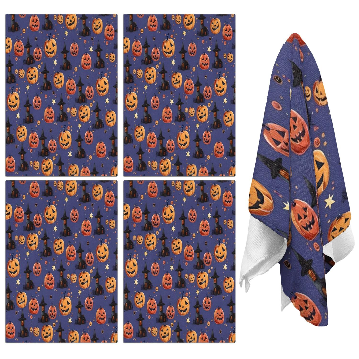 4 Pcs Funny Kitchen Towels,Magical Pumpkin Castle Halloween Pattern ...