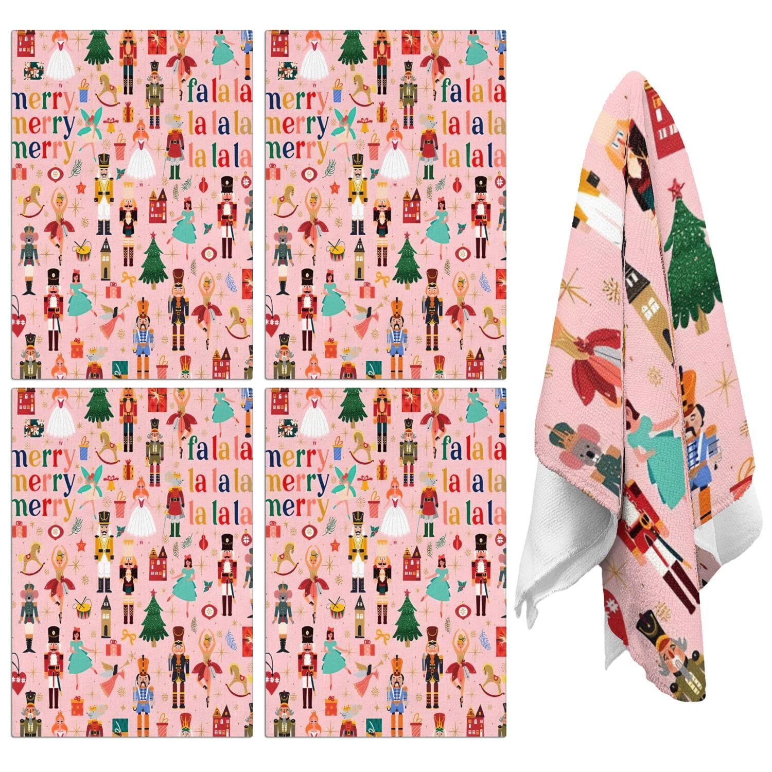 4 Pcs Funny Kitchen Towels,Pink Christmas Nutcracker Pattern Microfiber ...