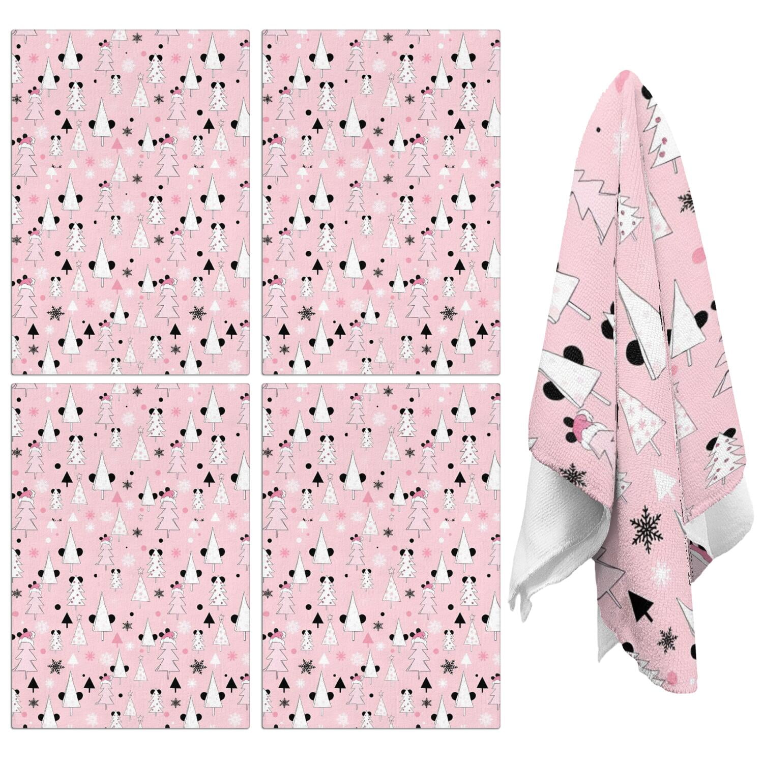 4 Pcs Funny Kitchen Towels,Pink Christmas Tree Pattern Microfiber Dish ...