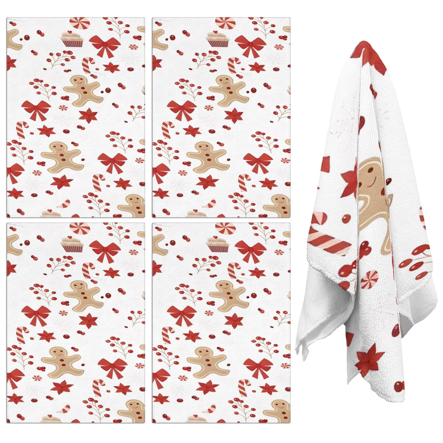 4 Pcs Funny Kitchen Towels,Red Christmas Gingerbread Man Pattern ...