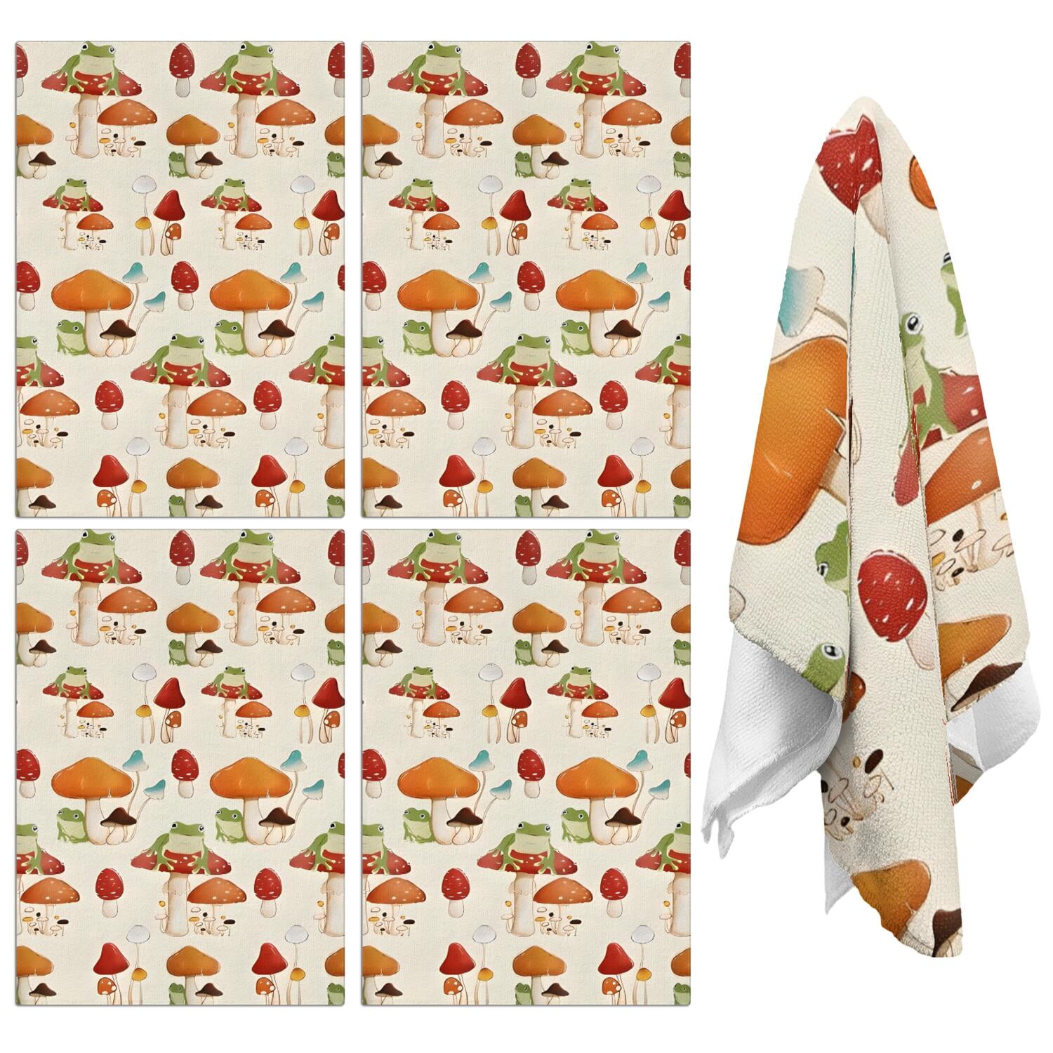 4 Pcs Funny Kitchen Towels,Red Mushroom Frog Light Pattern Microfiber ...