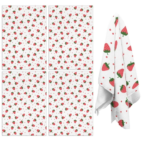 4 Pcs Funny Kitchen Towels,Red Strawberry Plants Fruit Dot White ...