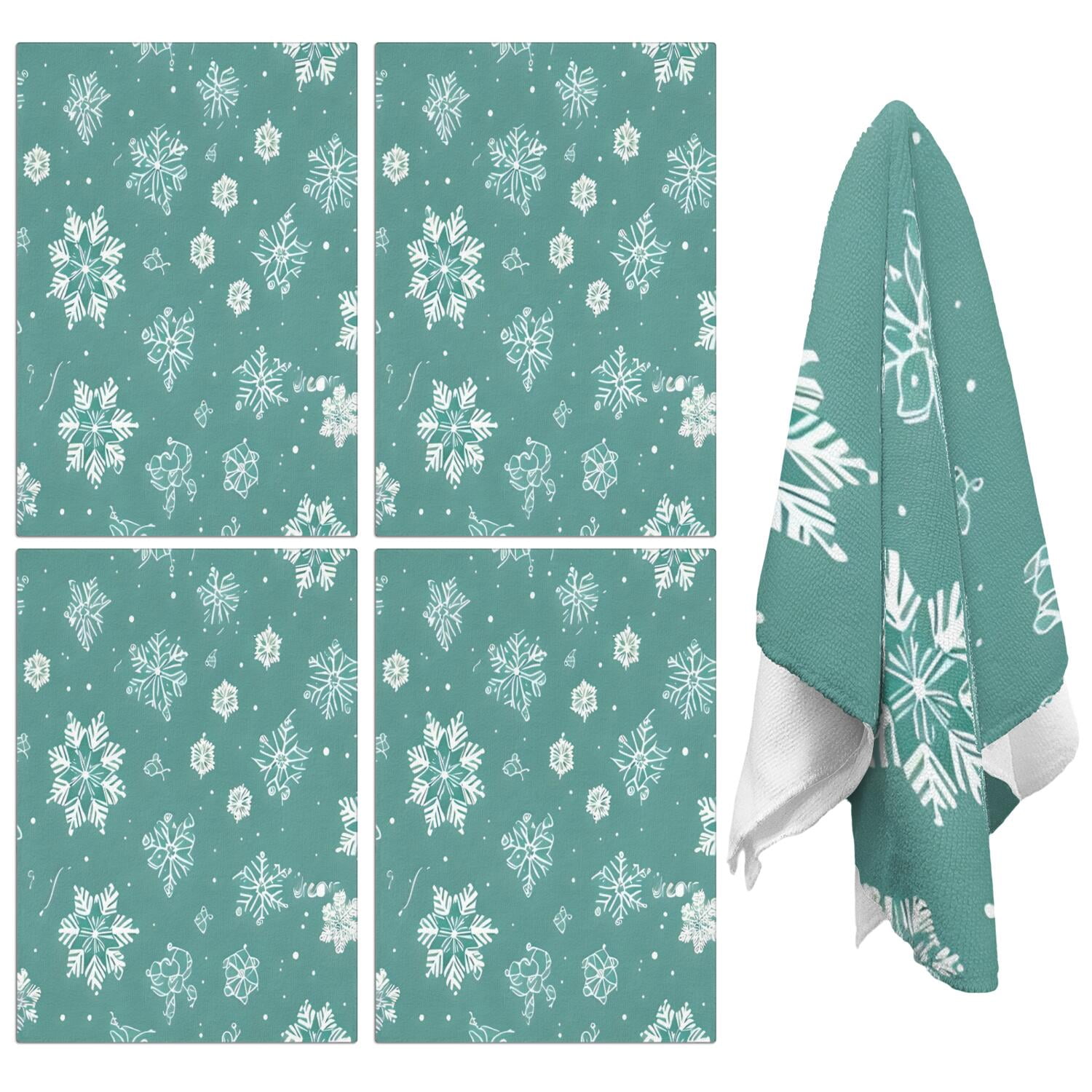 4 Pcs Funny Kitchen Towels,Turquoise Christmas Snowflake Pattern ...