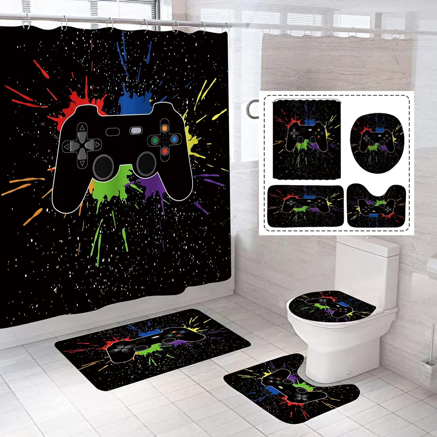 4 Pcs Game Shower Curtain Set, Classic Videogames Controller Bath with ...