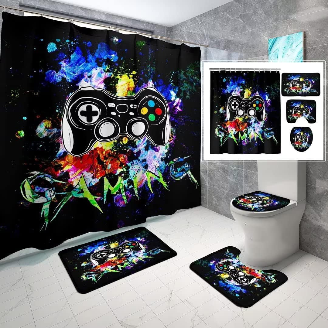4 Pcs Gamer Bathroom Sets for Boys Game Shower Curtain Set with Curtain ...