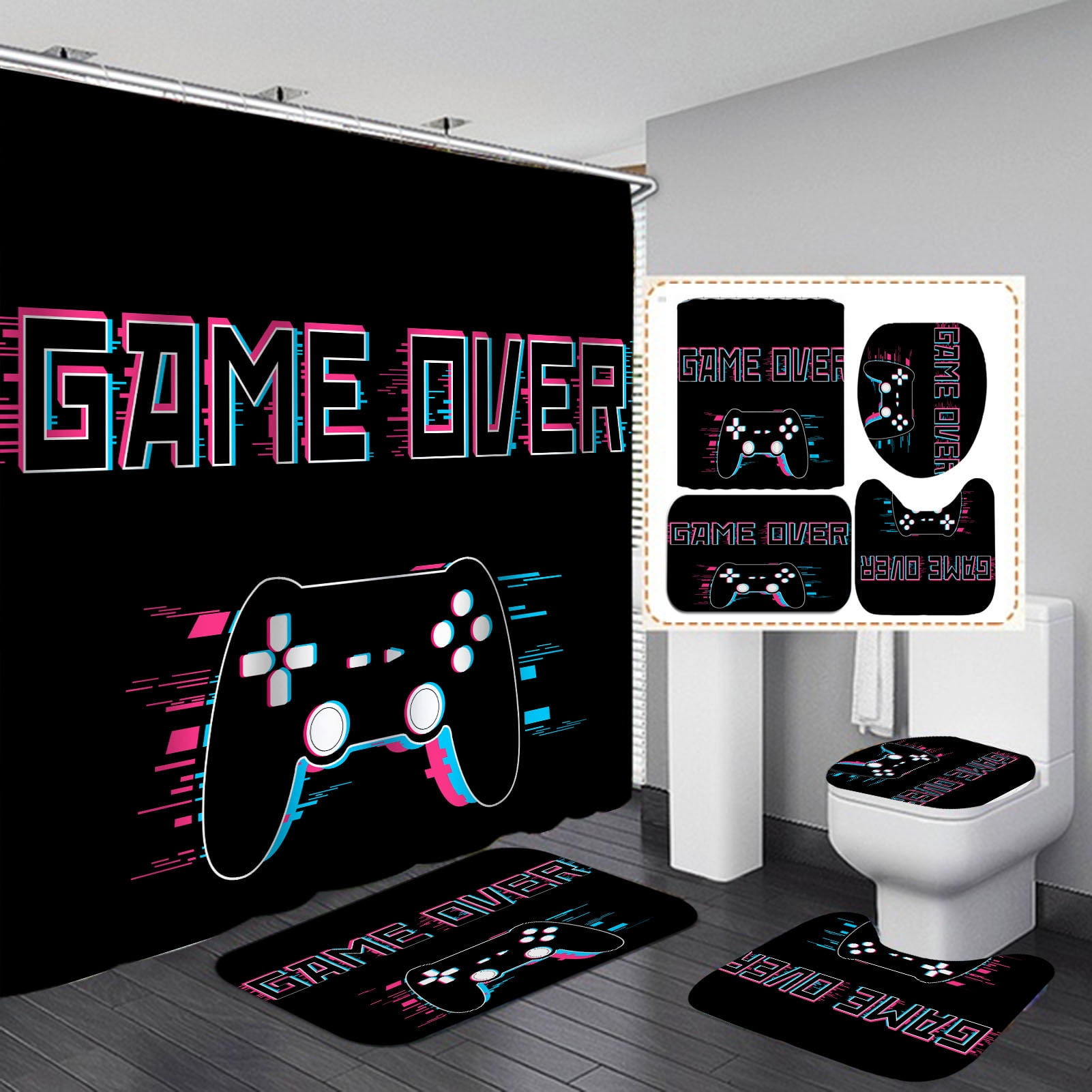 4 Pcs Gamer Bathroom Sets Gaming Shower Curtain Set Kids Boys Bathroom ...