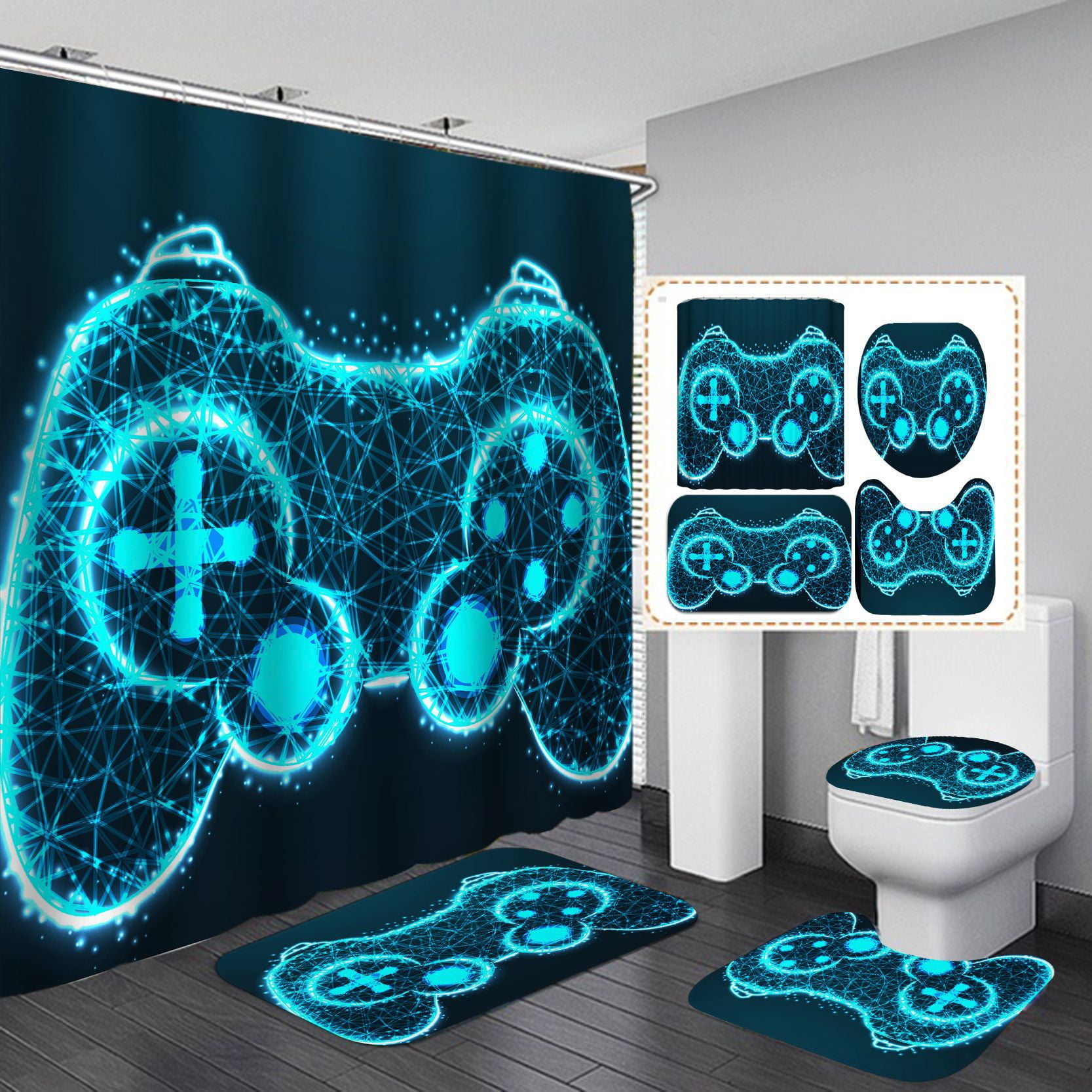 4 Pcs Gamer Bathroom Sets for Boys Game Shower Curtain Set with Curtain ...