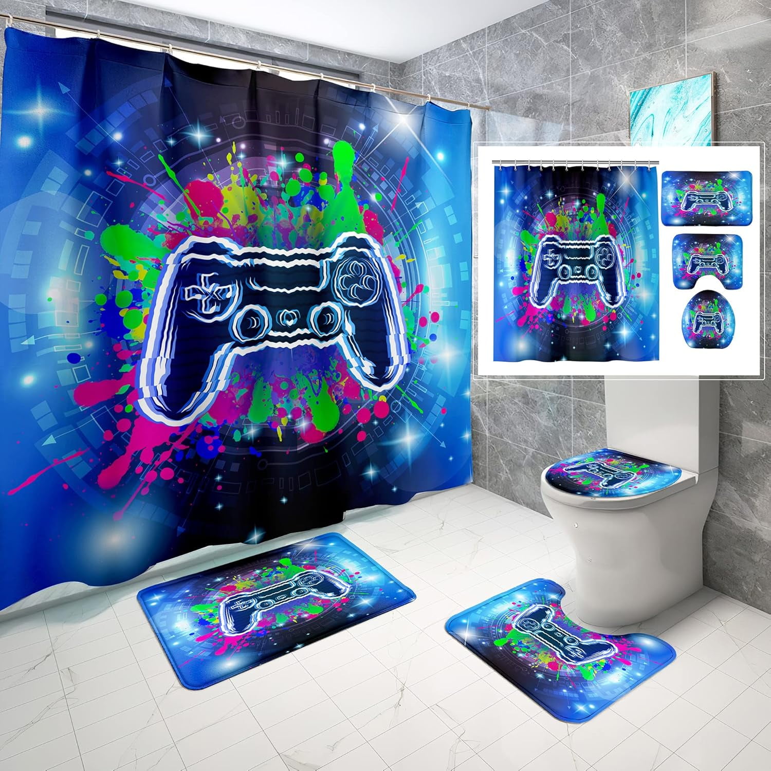 4 Pcs Gamer Bathroom Sets for Boys Game Shower Curtain Set with Curtain ...