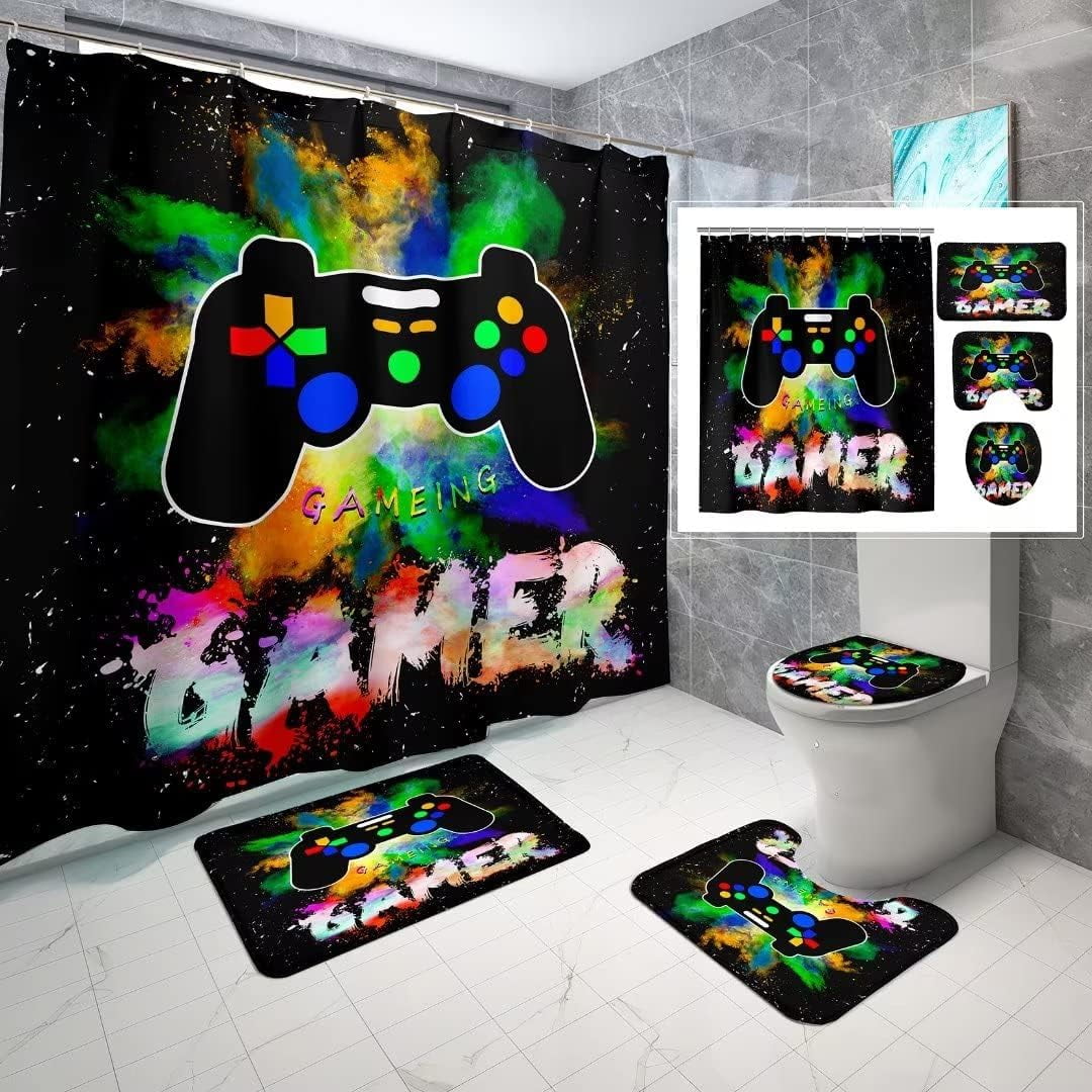 4 Pcs Gamer Bathroom Sets for Boys Game Shower Curtain Set with Curtain ...