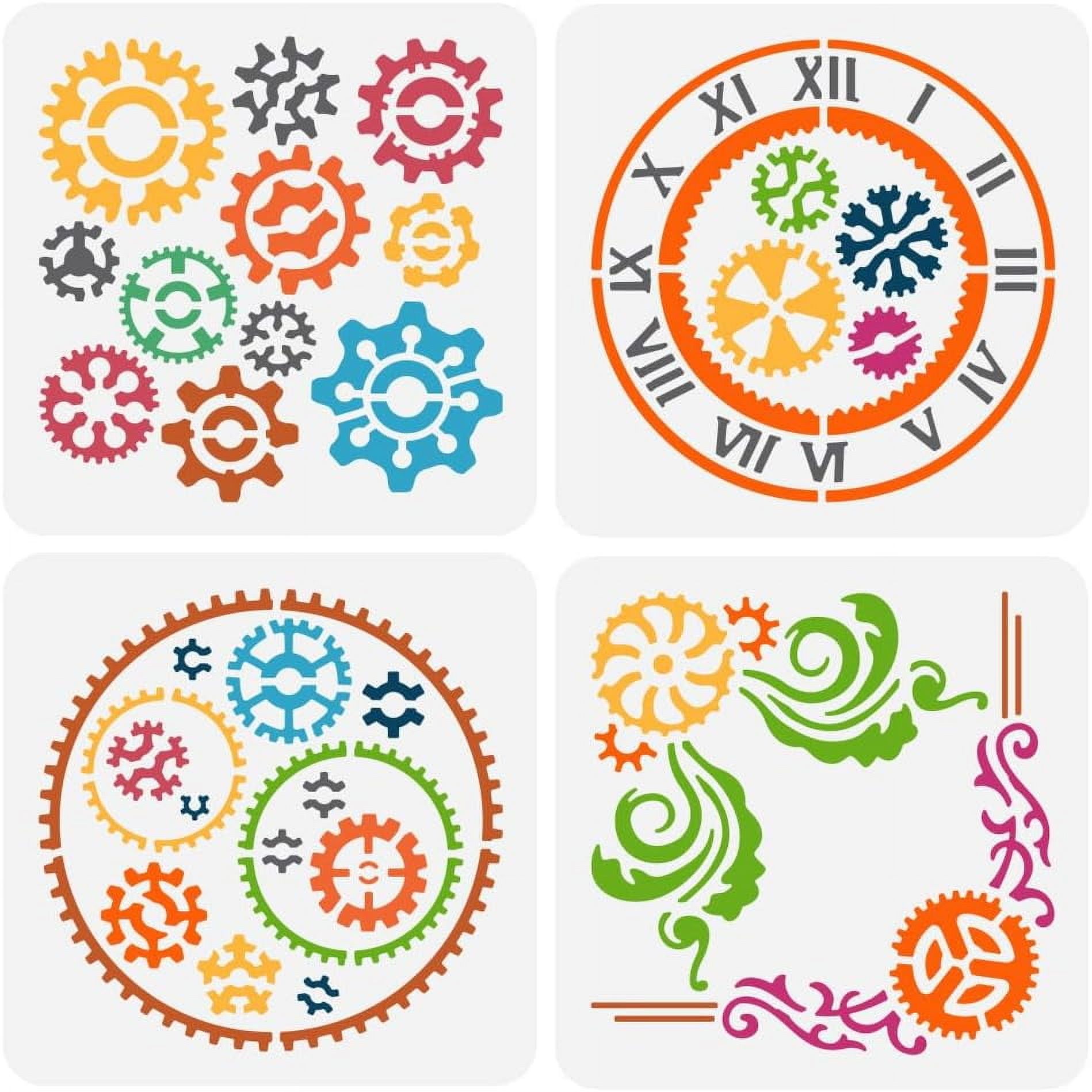 4 Pcs Gears Clock Stencil 5.9x5.9 inch/15x15cm Reusable Steampunk Gear ...