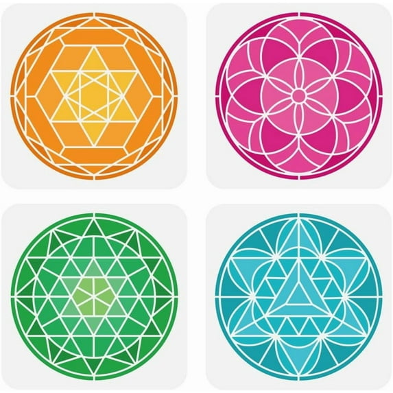 4 Pcs Geometric Flowers Painting Stencils 7.9x7.9" PET Flower of Life ...