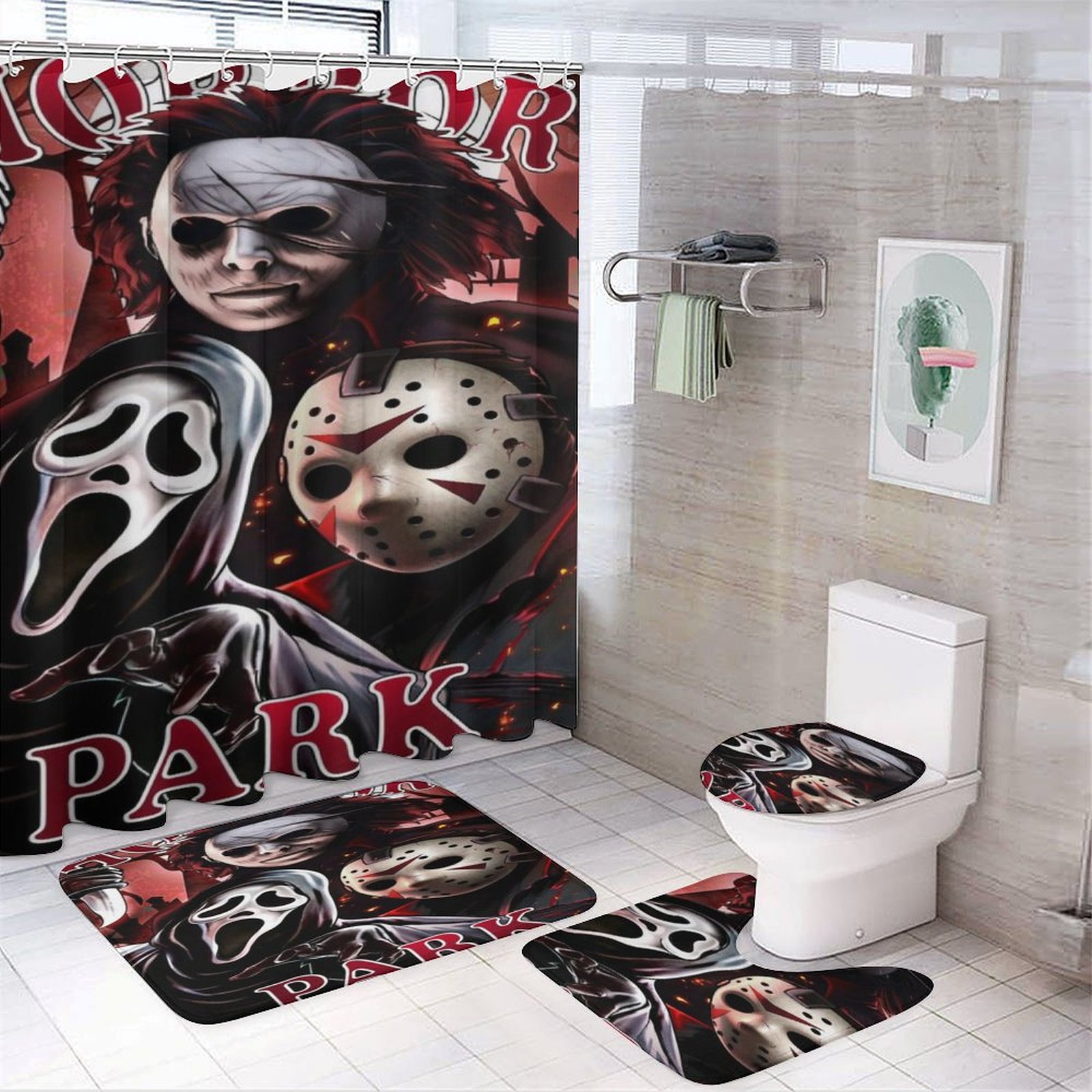 4 Pcs Ghostface Bathroom Set with Shower Curtain with Non-Slip Rugs ...