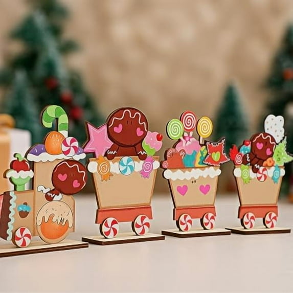 4 Pcs Gingerbread Christmas Decorations Wood Train Table Decor ...