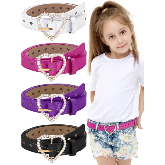 4 Pcs Girls Belt Kids Leather Waist Belt Rhinestone Heart Metal Buckle ...