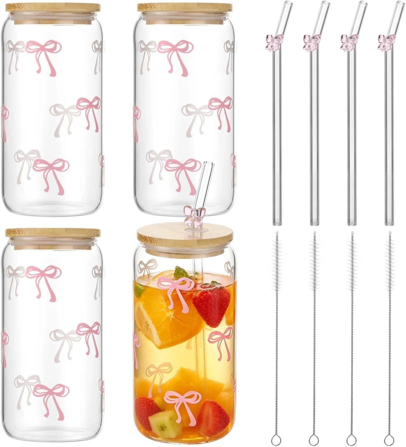 4 Pcs Glass Cups with Pink Bows, 16.9 fl oz Heat-Resistant Drinkware ...