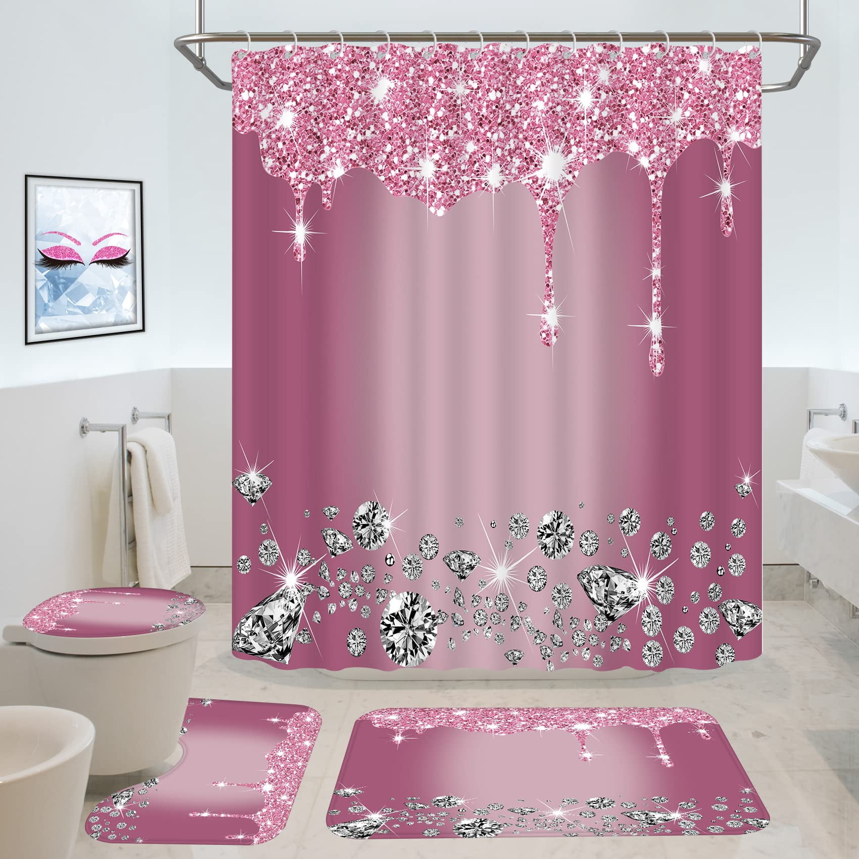 4 Pcs Glitter Diamond Shower Curtain Set, Purple Shiny Drip Bath Decor ...