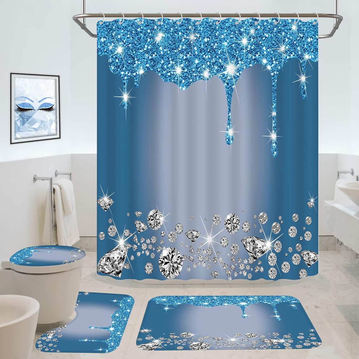4 Pcs Glitter Diamond Shower Curtain Sets, Rose Red Shiny Drips Bath ...