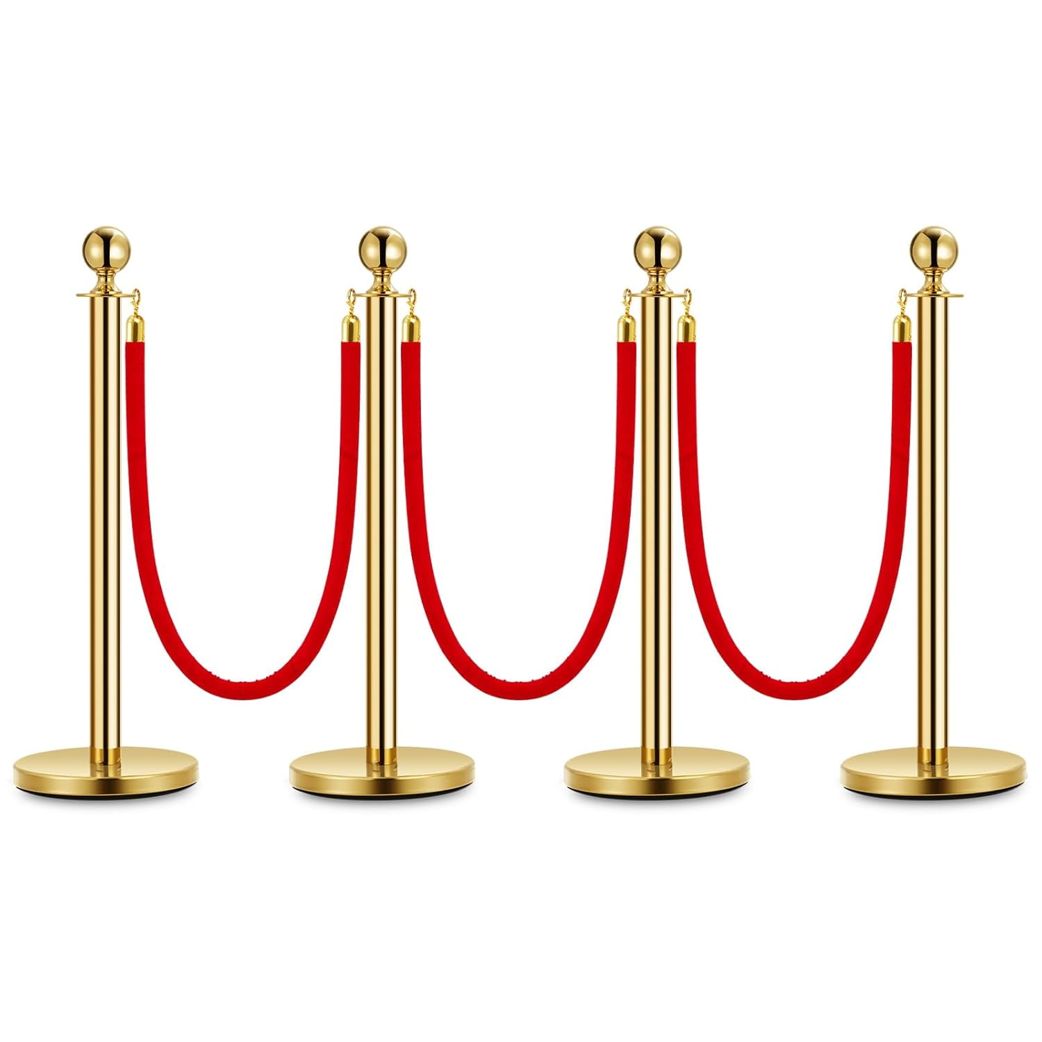 4 Pcs Gold Stanchion Post Queue and 3 Pcs 5 Ft Red Velvet Ropes, Stainless Steel Red Carpet ...