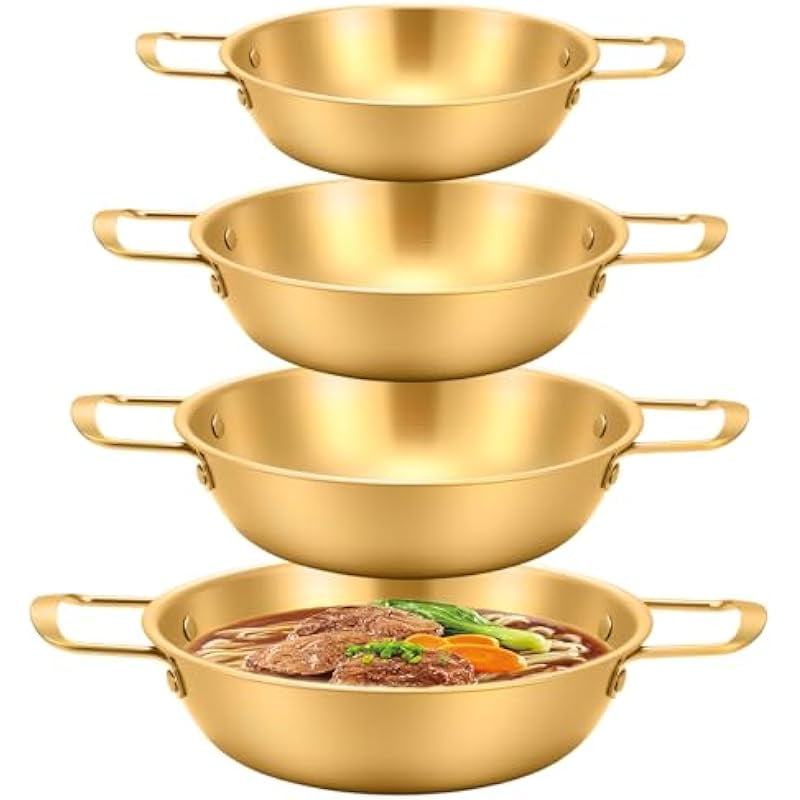 4 Pcs Golden Stainless Steel Korean Ramen Pot Set with Handles ...