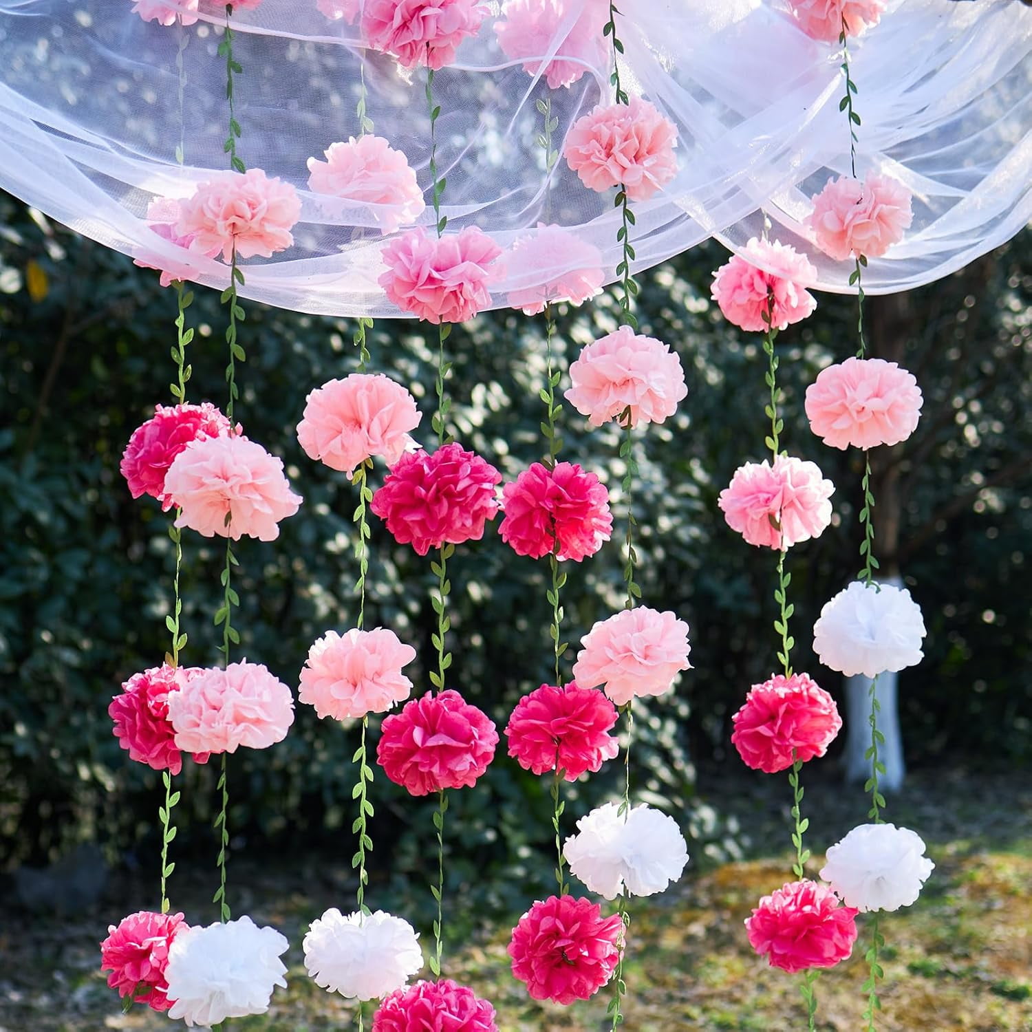 4 Pcs Gradient Pink Tissue Paper Pom Pom Garlands, Paper Flowers for ...