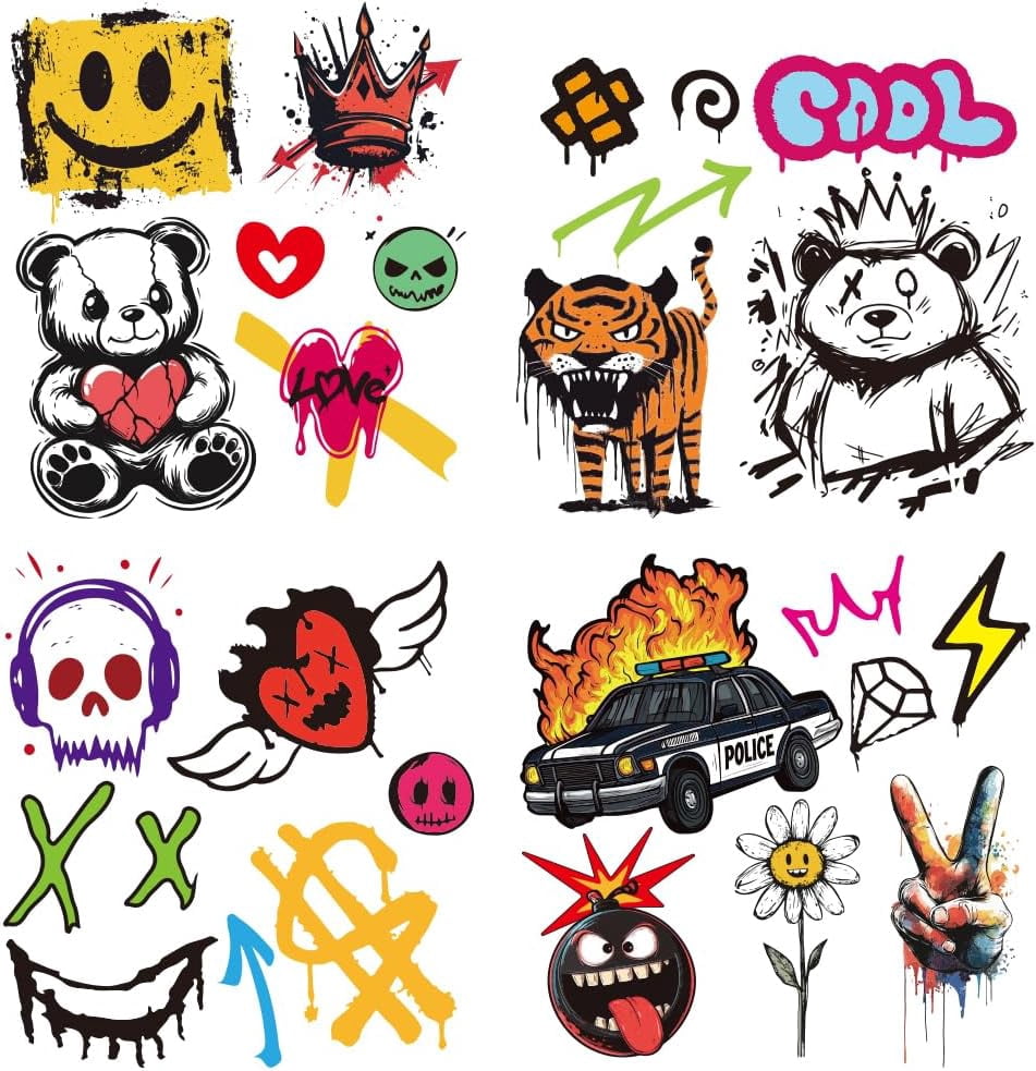 4 Pcs Graffiti Style Iron on Decals Patches Graffiti Bear Heart Face ...