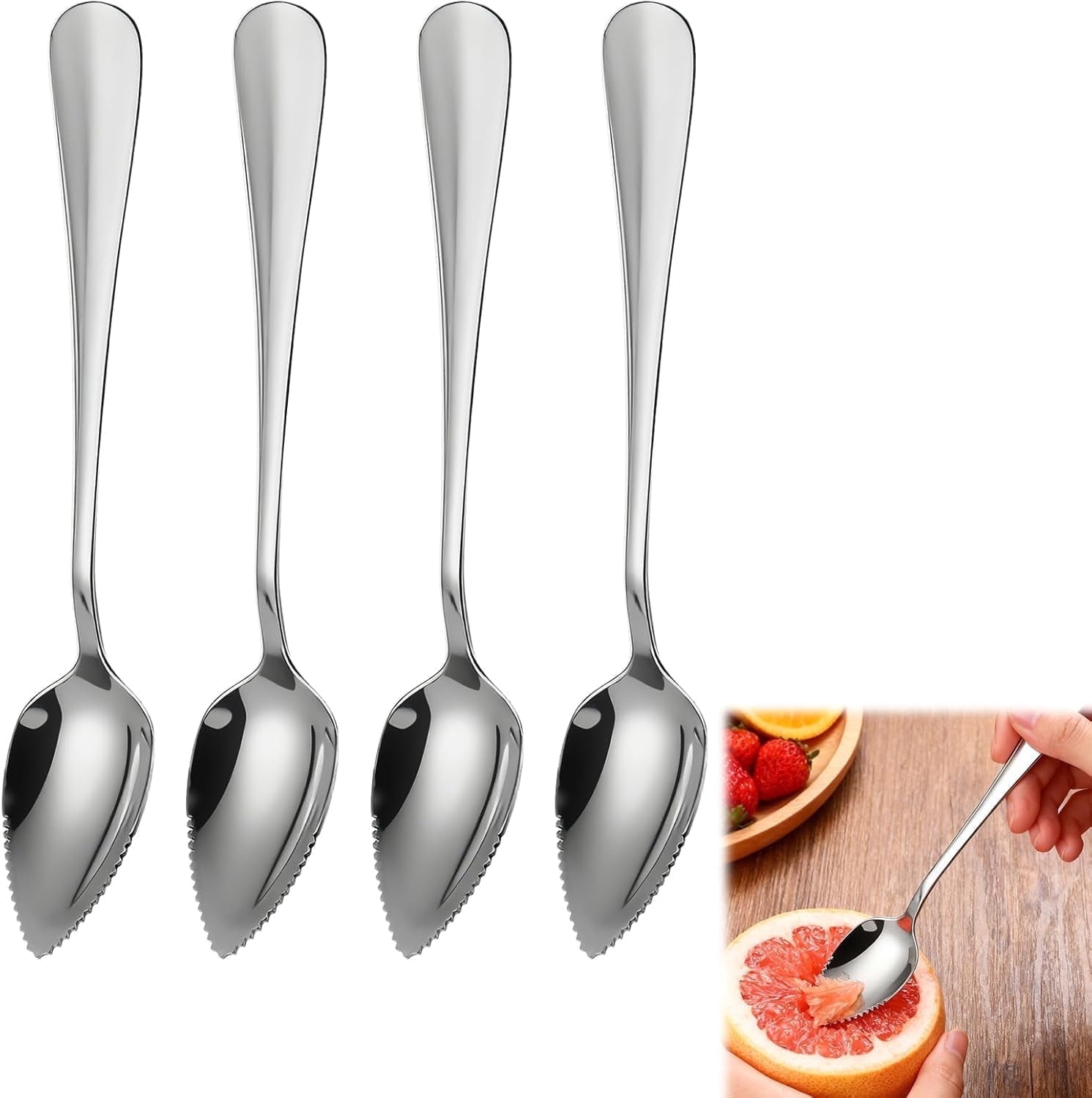 4-Piece Stainless Steel Grapefruit Spoons-Serrated Edge-Effortlessly ...