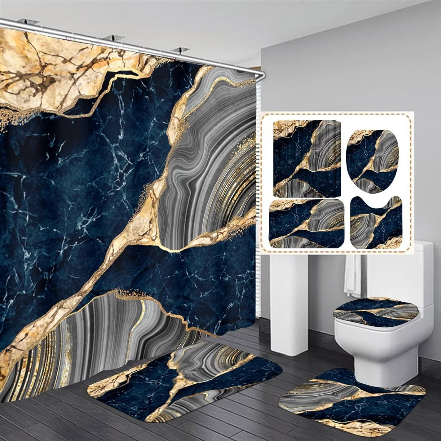 4 Pcs Green Floral Shower Curtain Set Vintage Flowers Leaves Bathroom ...